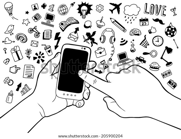 Handdrawn Mobile Phone Hands Doodle Collection: เวกเตอร์สต็อก (ปลอดค่า ...