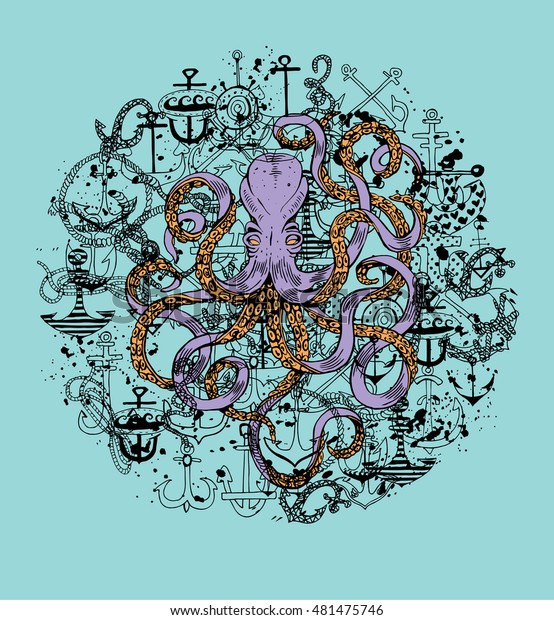 Handdrawn Octopus Anchors Circle Stock Vector (Royalty Free) 481475746 ...