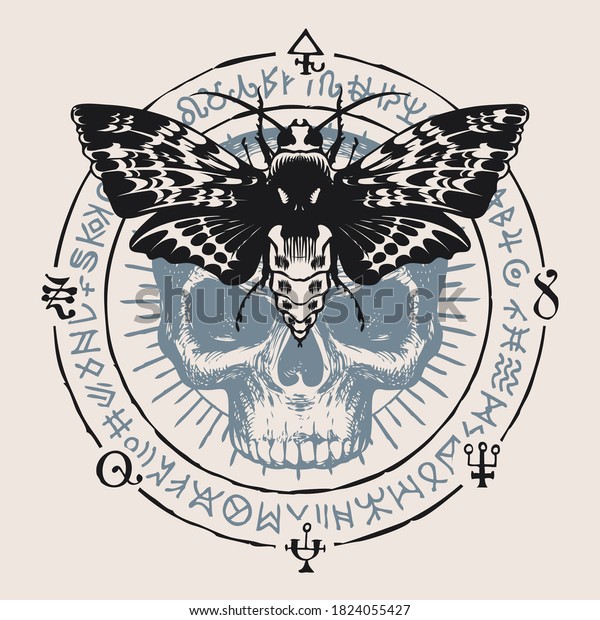 Handdrawn Scary Moth Open Wings Human 库存矢量图（免版税）1824055427