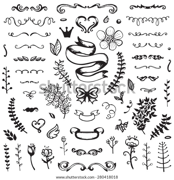 Handdrawn Set Vintage Elements Flowers Leaves Stock Vector (Royalty ...