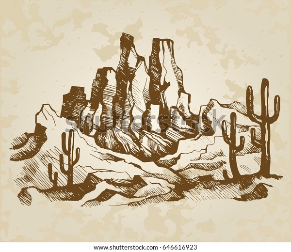 Handdrawn Vector Sketch Typical Landscape Desert Stock Vector (Royalty ...