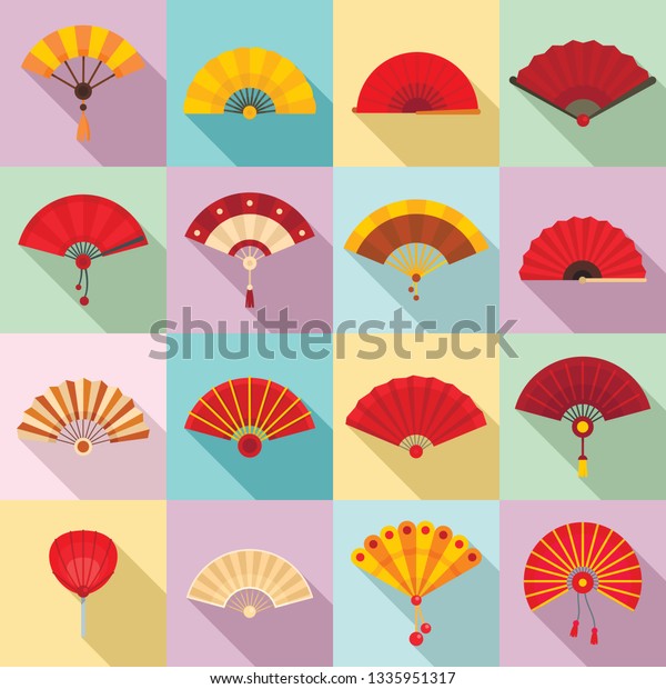Handheld Fan Icons Set Flat Set Stock Vector (Royalty Free) 1335951317