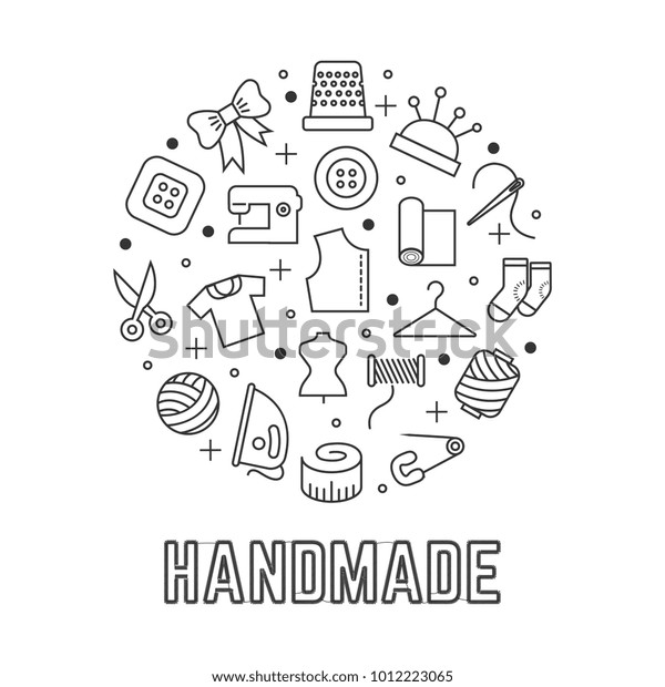 Handmade round logo design with taylor sewing linear icons isolated on ...