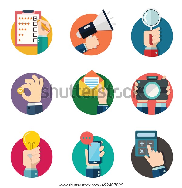 Hands Business Object Icons Set Flat Stock Vector (Royalty Free) 492407095