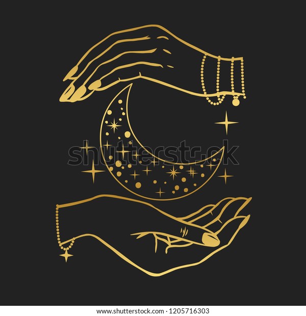 Hands Holding Crescent Moon Vector Illustration Stock Vector (Royalty ...