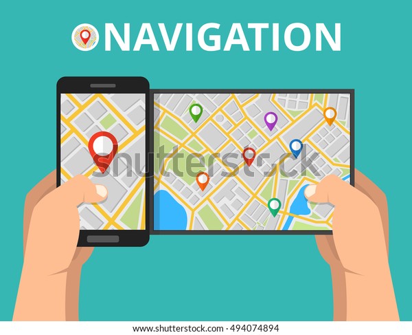 Image vectorielle de stock de Hands Holding Smartphone City Map Gps ...