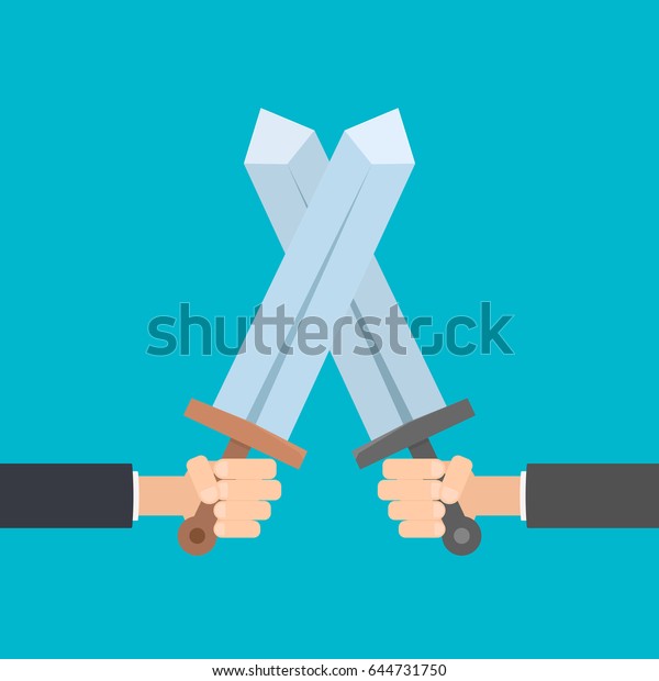 hands holding swords. Vector illustration battle on swords