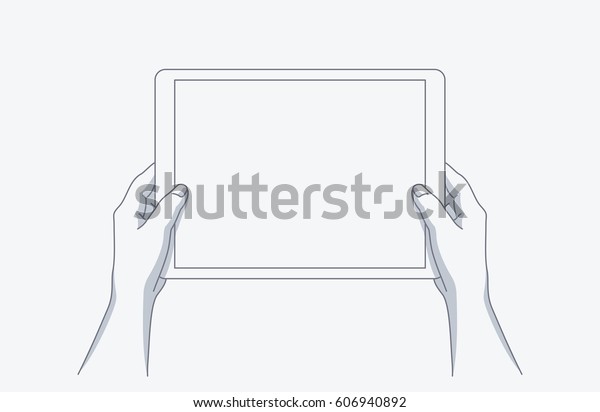 Hands Holding Tablet Line Art Modern Stock Vector (Royalty Free ...