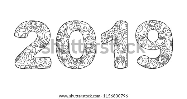 Handwritten number 2019 patterned with zen-tangle shapes, isolated on ...
