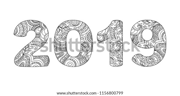 Handwritten Number 2019 Patterned Zentangle Shapes Stock Vector ...