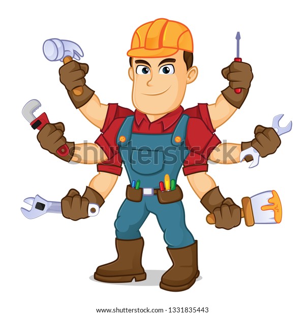 Handyman Holding Mutiple Tools Cartoon Illustration Stock Vector ...
