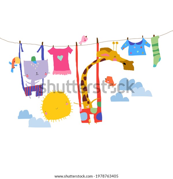 Happy Animals Swinging On Clothesline Sky Stock Vector (Royalty Free ...