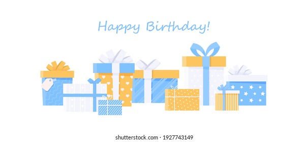 Happy Birthday Banner Different Gift Boxes Stock Vector (Royalty Free ...