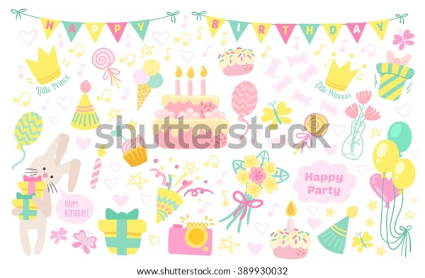 Happy Birthday Celebration Attributes Vector Icons 스톡 벡터(로열티 프리 ...