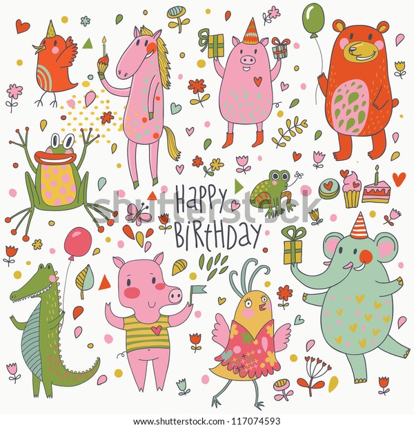 Feliz cumpleaños. Gracioso vector de dibujos: vector de stock (libre de ...