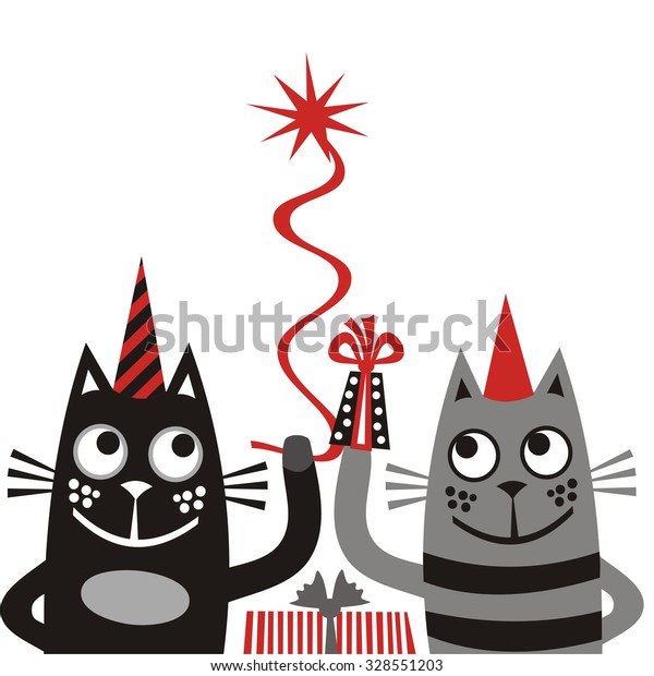 Happy birthday greeting card two cats gifts vector illustration