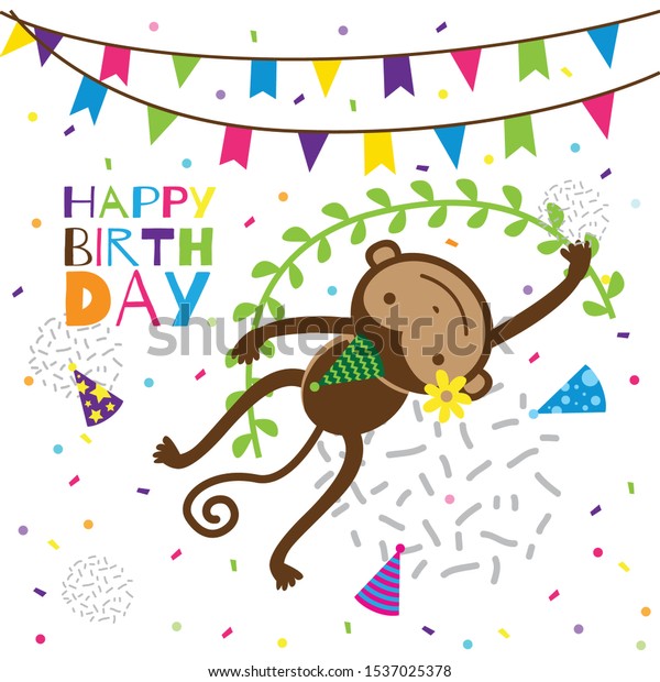 Happy Birthday Text Cute Monkey Stock Vector (Royalty Free) 1537025378 ...