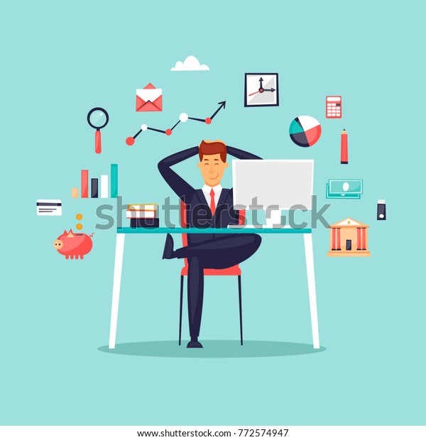 Happy Businessman Sitting Computer Icon Set Stock Vector (Royalty Free ...