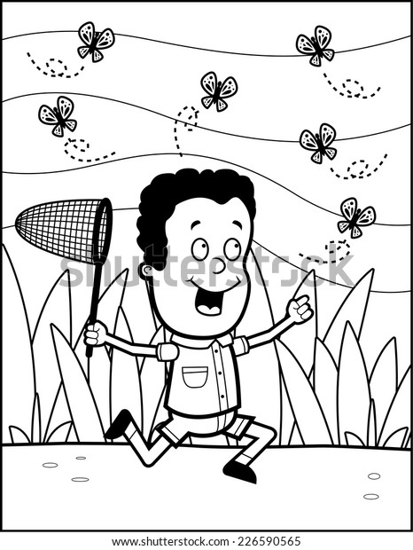 Happy Cartoon Boy Chasing Butterflies Stock Vector (Royalty Free ...