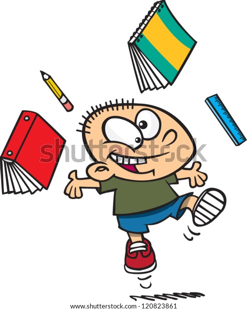 Happy Cartoon Boy Throwing School Supplies: vector de stock (libre de ...