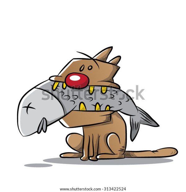 Happy Cat Holding Big Stinky Fish : image vectorielle de stock (libre ...