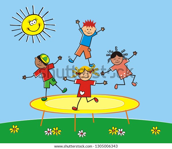 Happy Children Jumping On Trampoline Background Stock Vector (Royalty ...