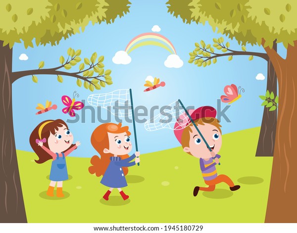 Niños felices jugando y atrapando insectos: vector de stock (libre de ...