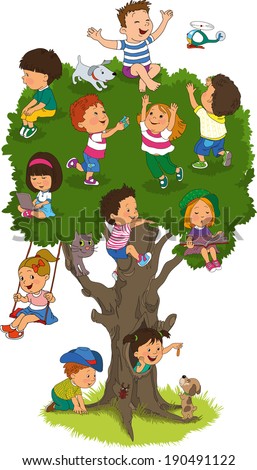 Happy Children Playing On Tree Stock Vector (Royalty Free) 190491122 ...