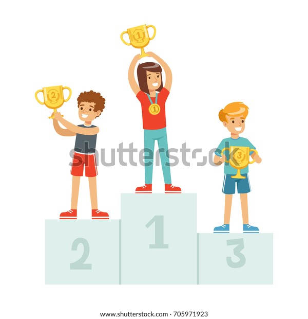 Happy Children Standing On Winner Podium Stock Vector (Royalty Free ...