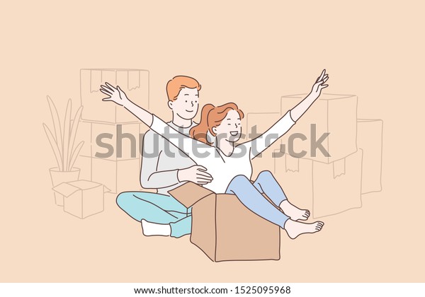 Happy Cohabitation Fun Relocation Concept Young Stock Vector (Royalty ...