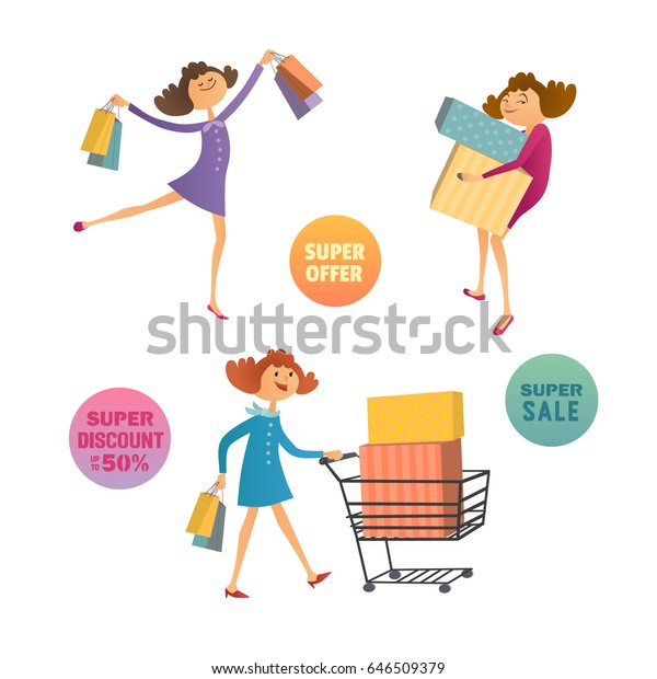 Happy Consumers Concept Hand Drawn Shoppers Stock Vector (Royalty Free ...