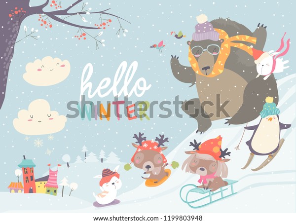 Happy Cute Animals Playing Winter Games: เวกเตอร์สต็อก (ปลอดค่า ...