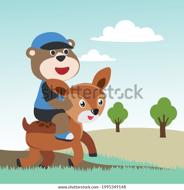 Happy Cute Bear Riding Cute Deer Stock Vector (Royalty Free) 1995349148 ...