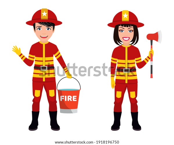 Happy Cute Smart Fireman Characters Wearing Stock Vector (Royalty Free ...