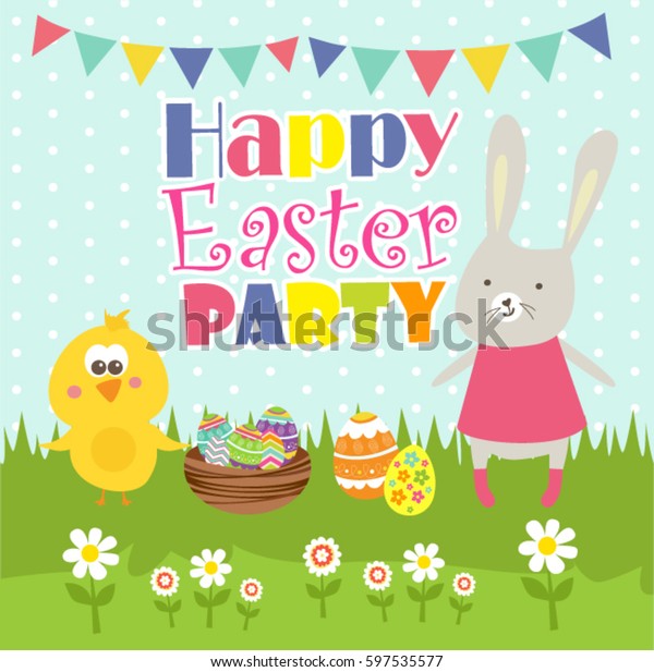 Happy Easter Party Card: เวกเตอร์สต็อก (ปลอดค่าลิขสิทธิ์) 597535577 ...