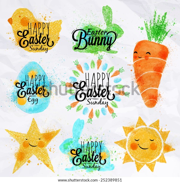 Happy Easter Symbols Painted Color Pastel Stock Vector (Royalty Free ...