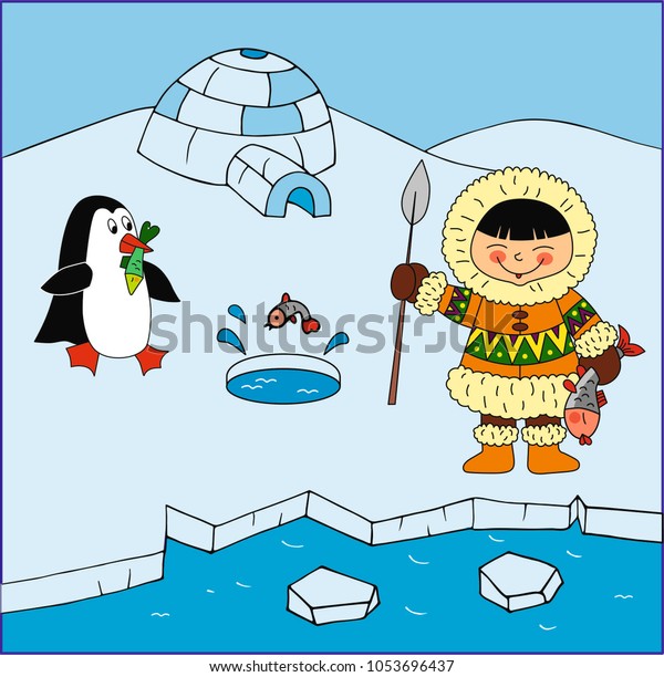 Happy Eskimo Penguin Catching Fish On Stock Vector (Royalty Free ...