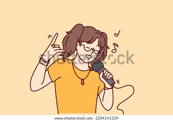 Happy Girl Have Fun Singing Microphone Stock Vector Royalty Free