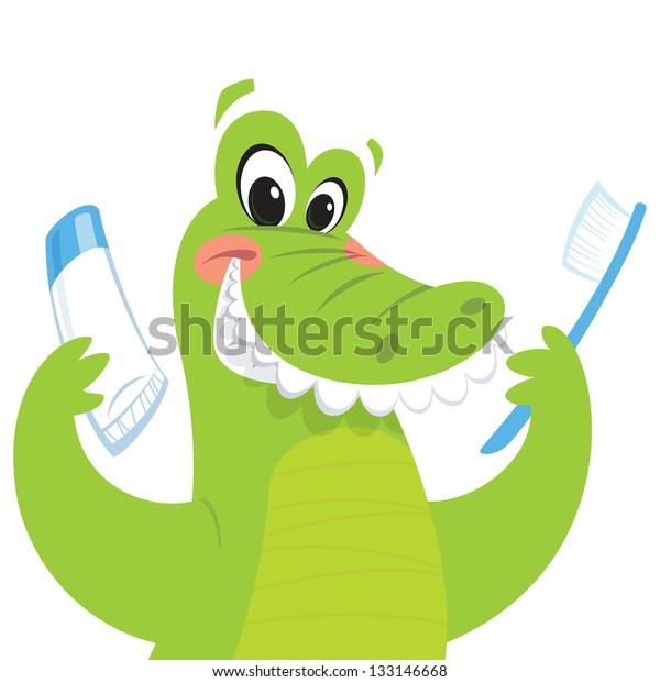 Happy green crocodile is smiling while holding a toothbrush and a ...