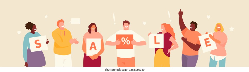 Happy Group People Advertising Discounts Sales Stock Vector (Royalty ...