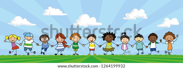 happy kids holding hands, children playing on meadow happy kids holding hands, children playing on meadow