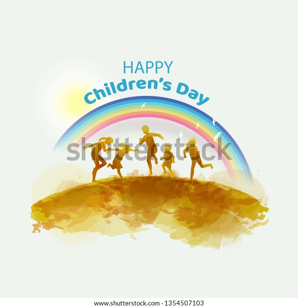 Happy Kids Jumping Together Under Rainbow Stock Vector (Royalty Free ...