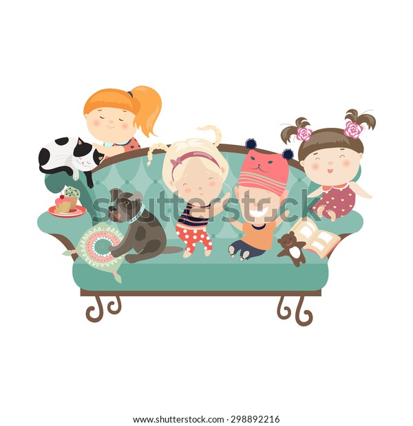 Happy Kids Sitting On Couch Vector: เวกเตอร์สต็อก (ปลอดค่าลิขสิทธิ์ ...