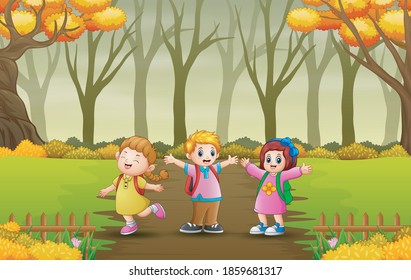 Happy Kids Walking Forest Path Illustration Stock Vector (Royalty Free ...