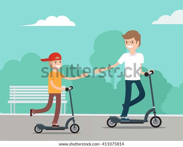 Happy Little Boy On Scooter Have Stock Vector (Royalty Free) 411075814 Happy Little Boy On Scooter Have Stock Vector (Royalty Free) 411075814