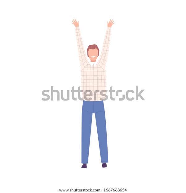 Happy Man Standing Raising Hands Male Stock Vector (Royalty Free ...
