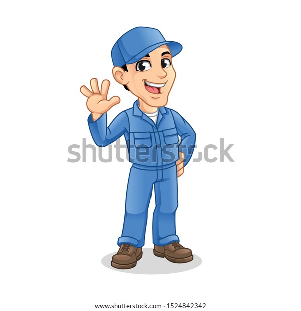 Happy Mechanic Man with Waving Hand Gesture Sign for Service, Repair or ...