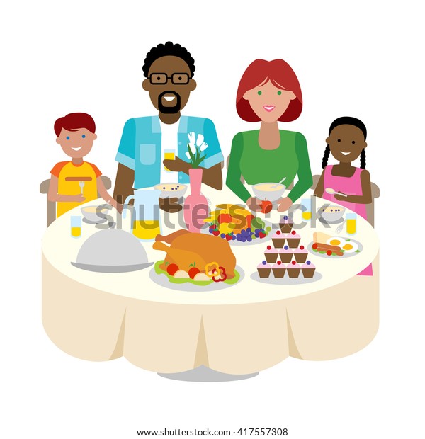 Happy Multicultural Family Dinner Table Thanksgiving Stock Vector ...