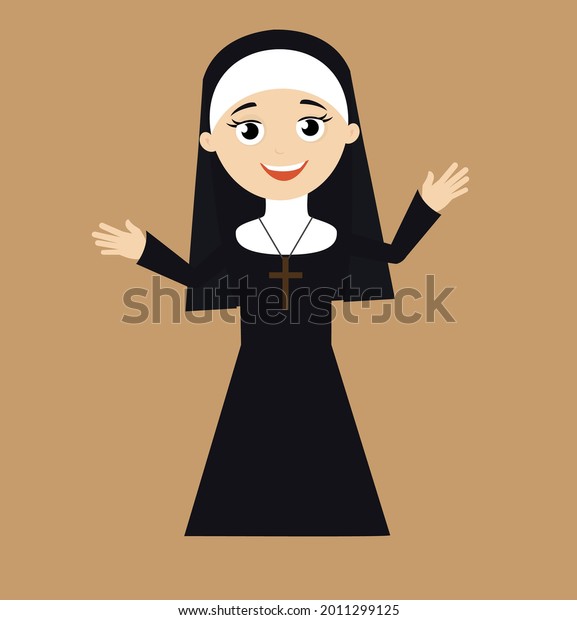Happy Nun Flat Vector Cartoon Illustration: เวกเตอร์สต็อก (ปลอดค่า ...