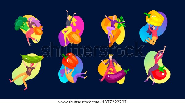 Happy People Vegetables Jumping Dansing Vegetarianism Stock Vector ...